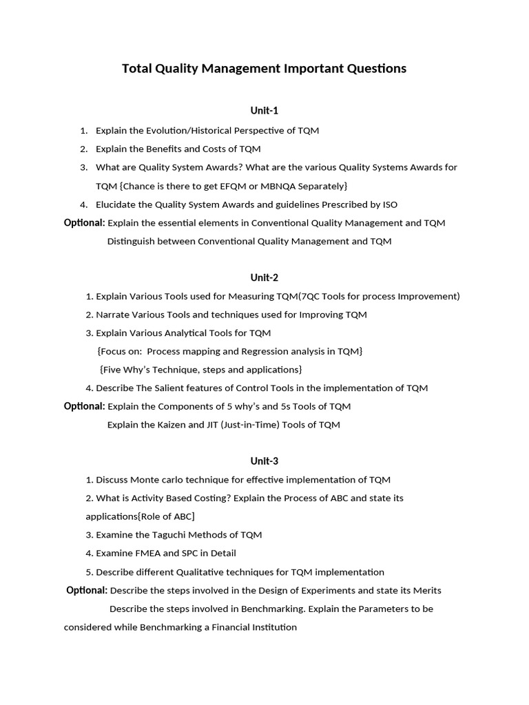 Total Quality Management Important Questions: Unit-1 | PDF | Quality ...