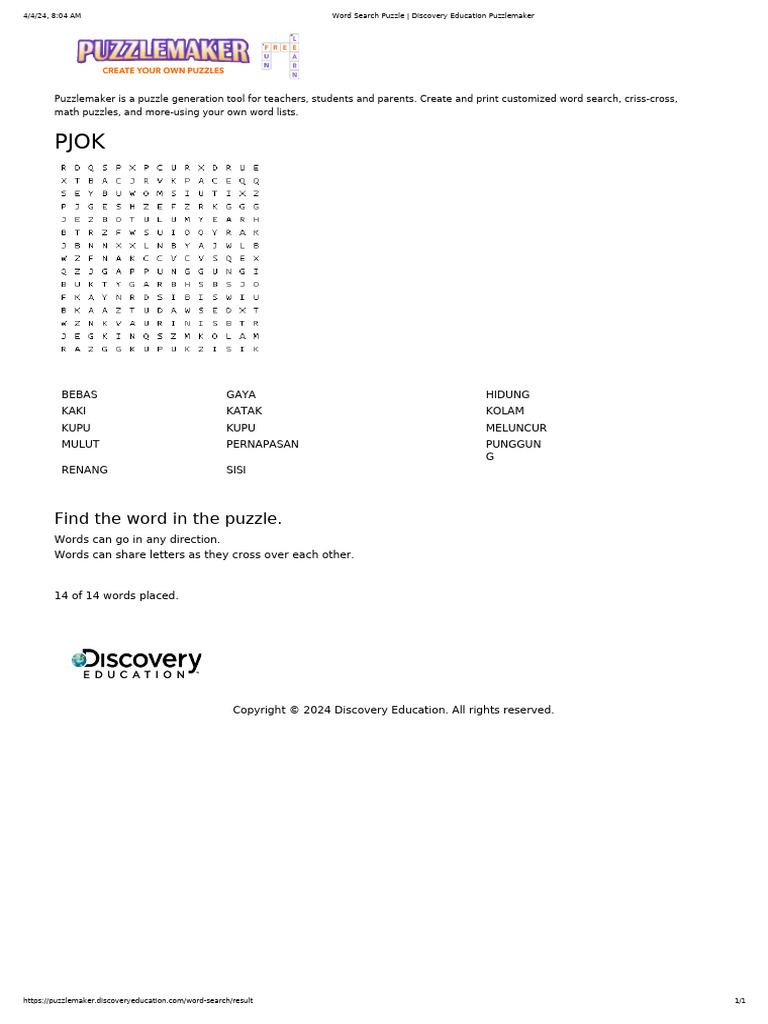 Word Search Puzzle - Discovery Education Puzzlemaker | PDF