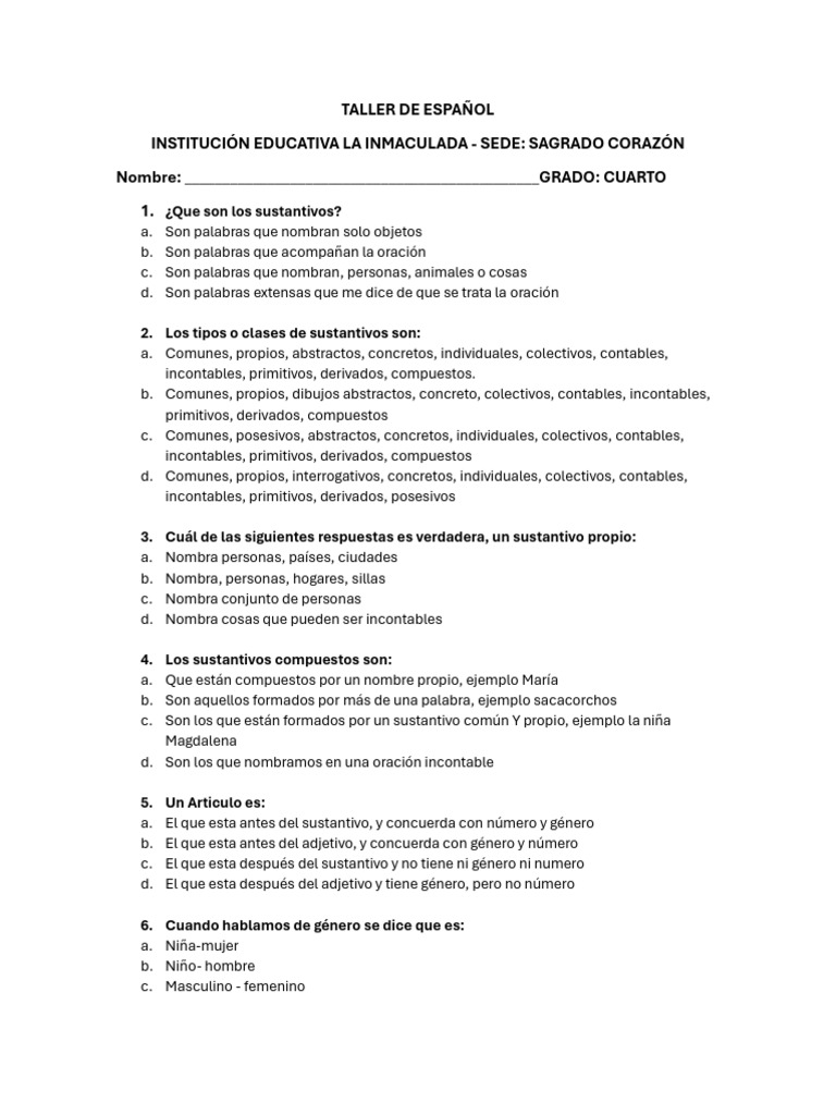 TALLER DE ESPAÑOL | PDF | Sustantivo | Adjetivo