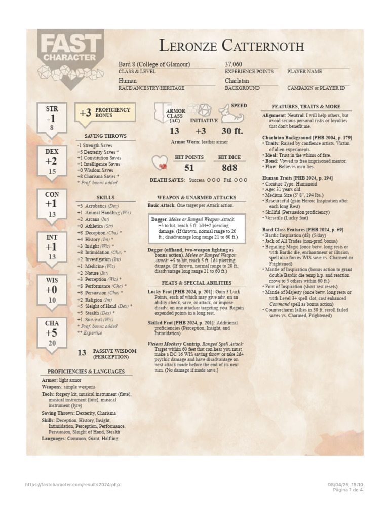 Fast Character | Human Bard 8 (College of Glamour) | PHB 2024 | PDF ...