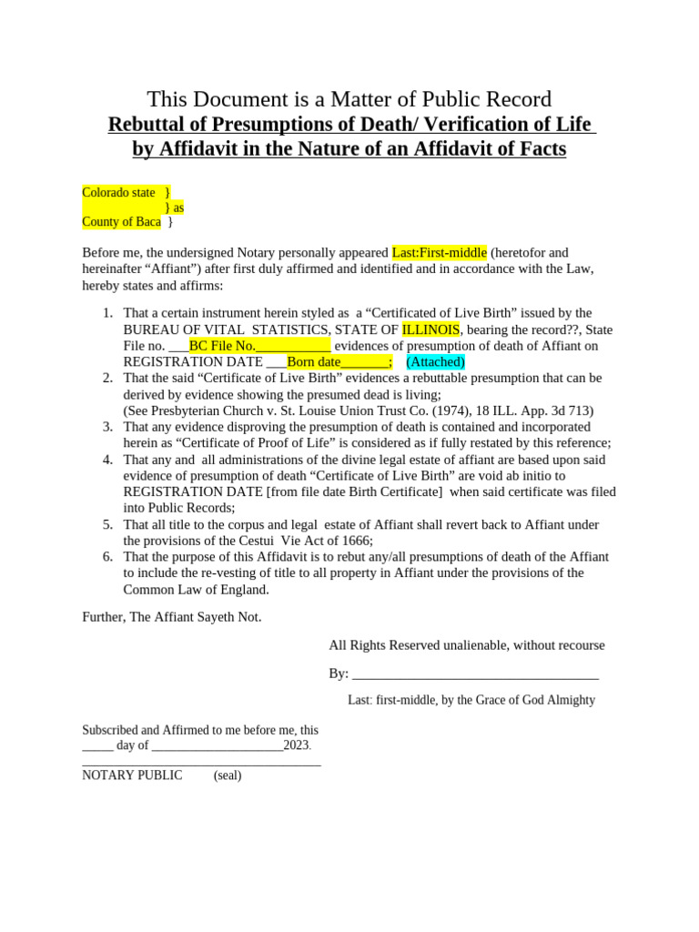 Template_Rebuttal of Presumption of Death_Verification of Life 1pg ...