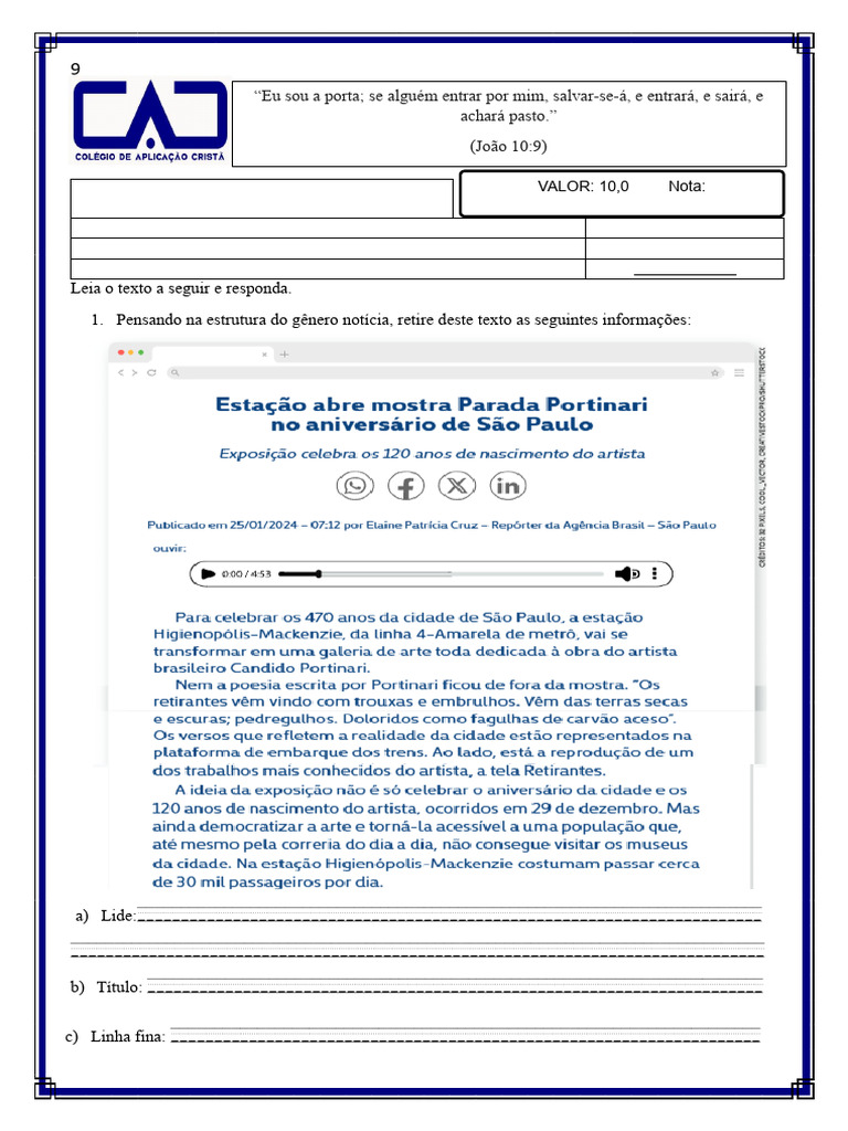 Prova GR-LIT 8º P2-1ºBim 25 | PDF | Assunto (gramática) | Predicado (gramática)