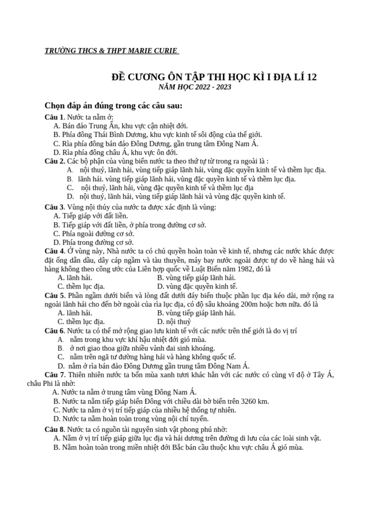 ĐỀ-CƯƠNG-K12-THI-HKI | PDF