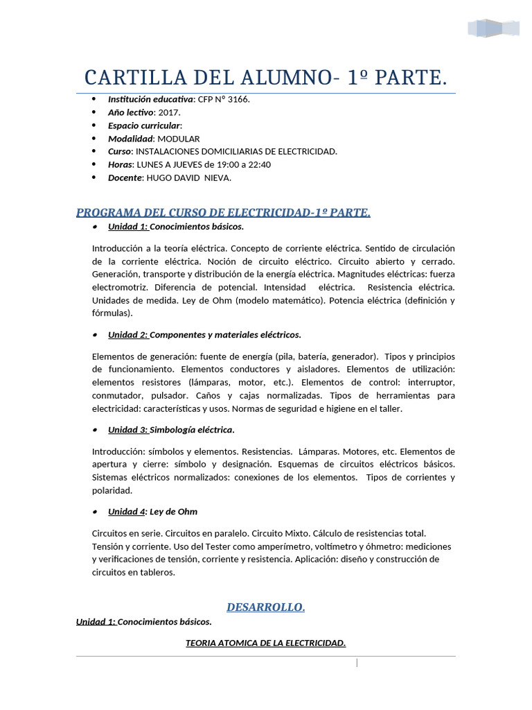 Cartilla Del Alumno Electricidad I - Eet #3137 | PDF | Corriente eléctrica | Corriente continua