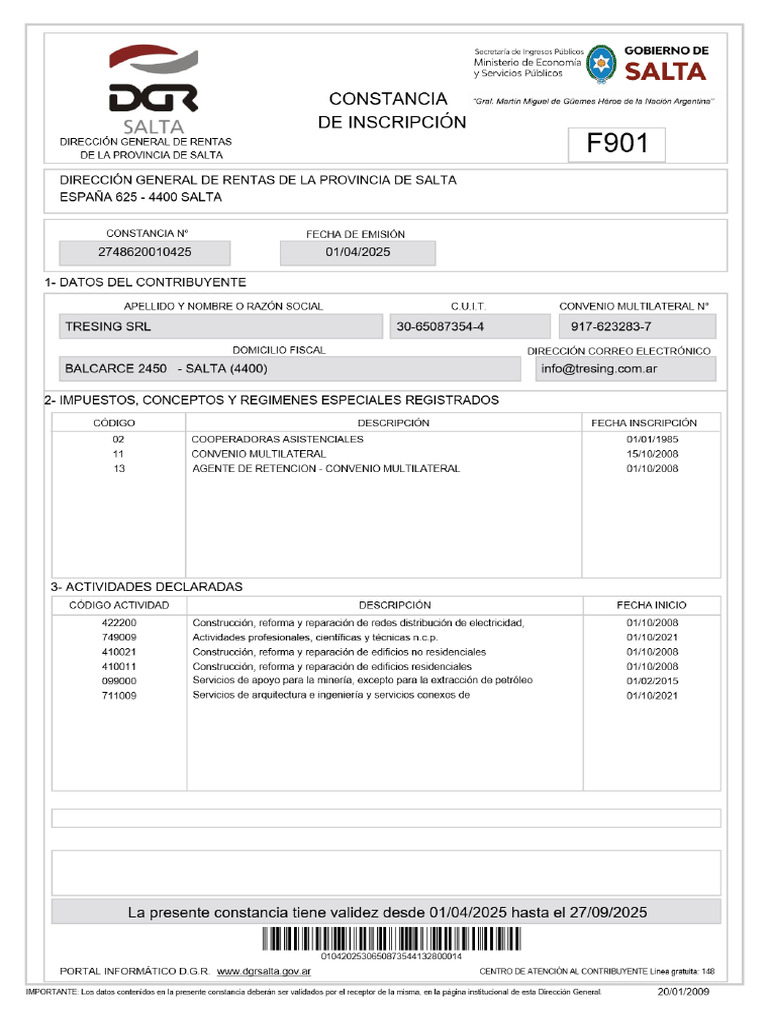 DGR Constancia Inscripcion 01 04 25 | PDF