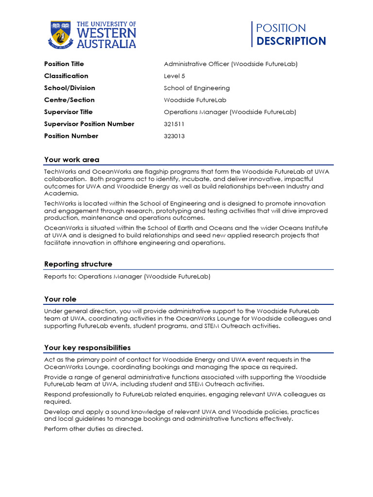 PD (Administrative Officer (Woodside FutureLab) ) (519926) | PDF ...