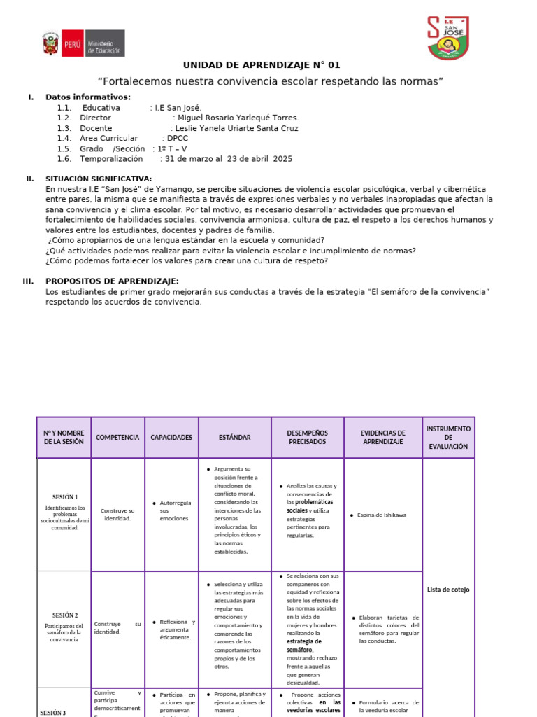 UNIDAD 1-2025 DPCC 1ero | PDF | Evaluación | Aprendizaje