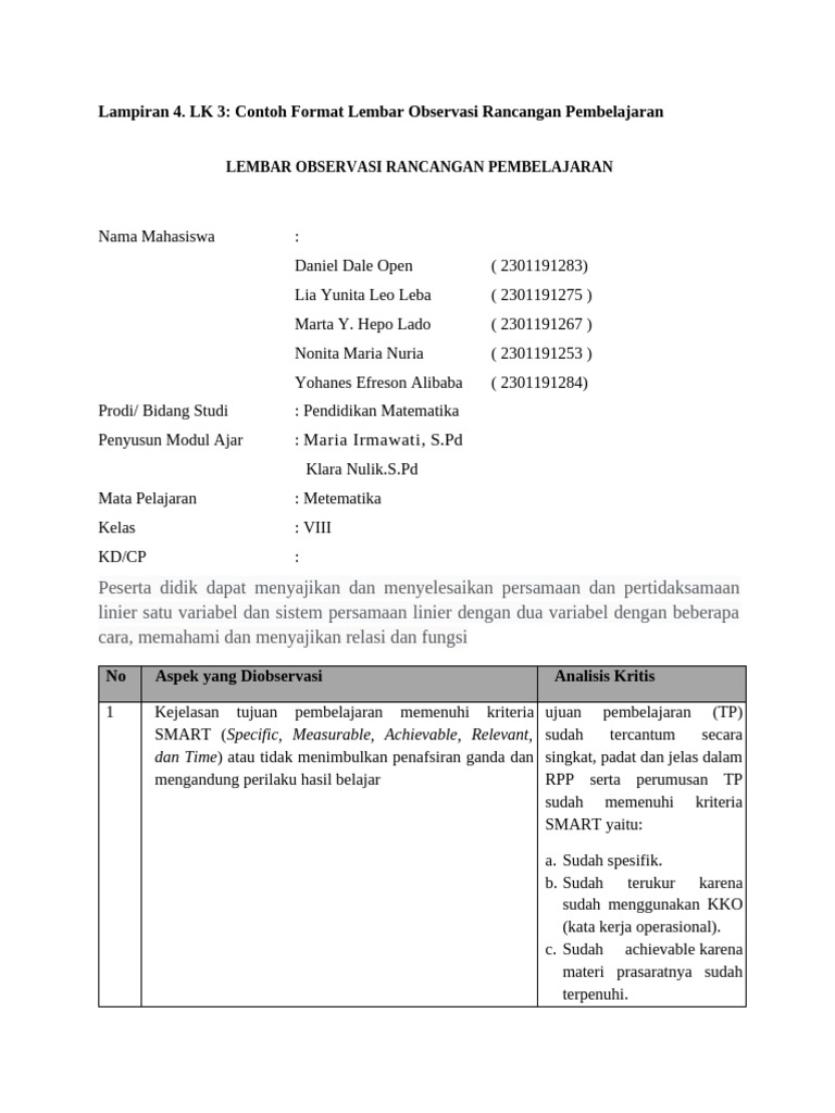 Lampiran 4. LK 3 Contoh Format Lembar Observasi Rancangan Pembelajaran | PDF
