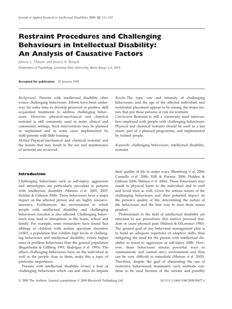 Research Intellect Disabil - 2009 - Matson - Restraint Procedures and Challenging Behaviours in ...