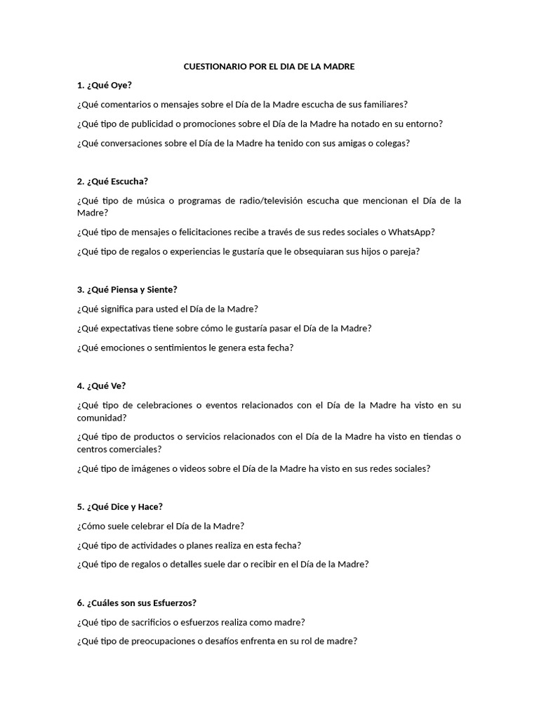 Cuestionario Por El Dia de La Madre | PDF