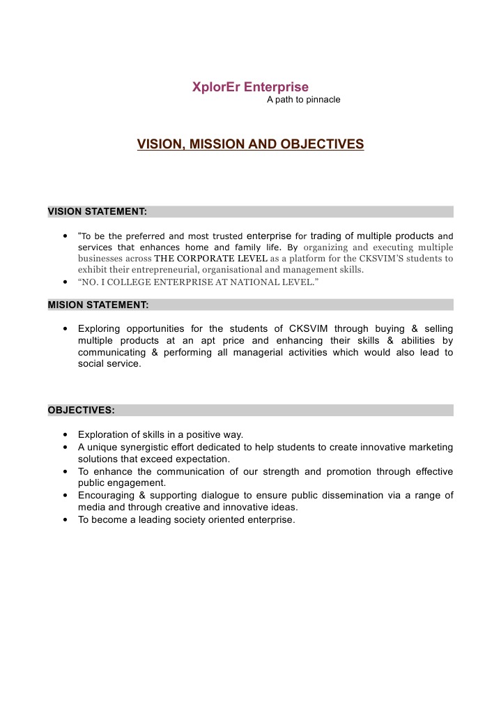 Vision, Missin and Objectives of Xplorer Enterprise | PDF