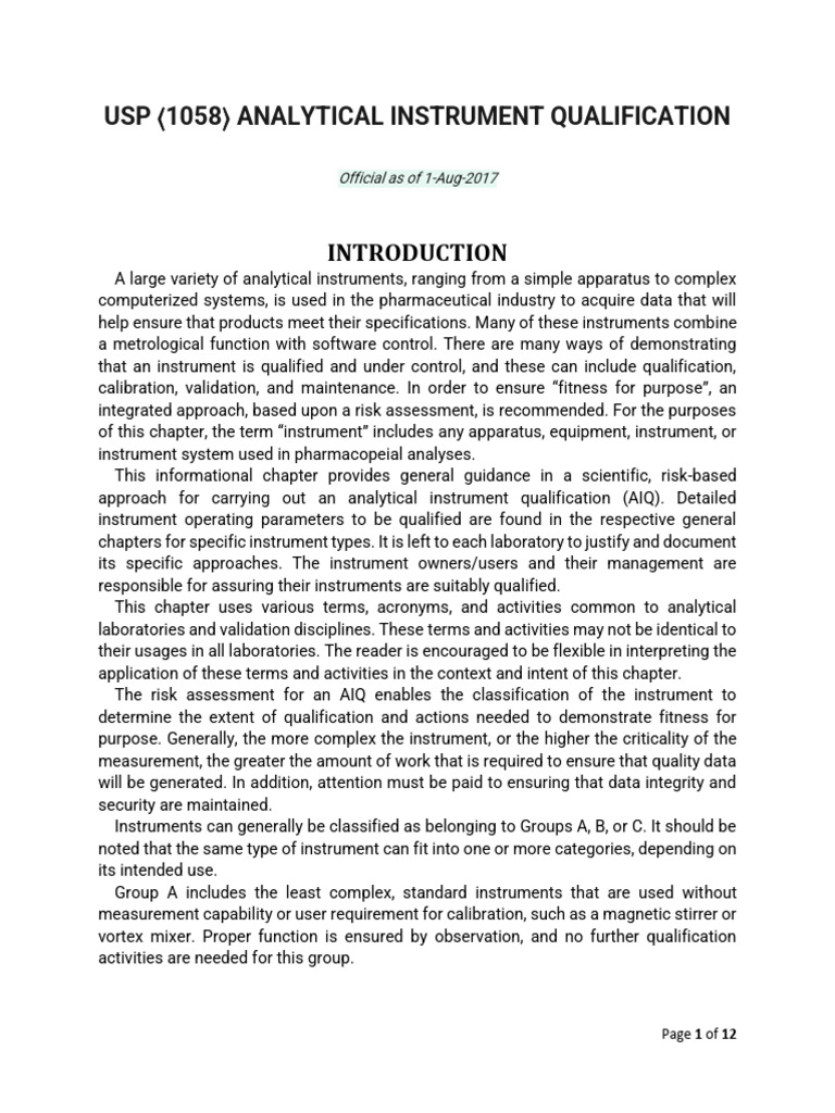 Usp 1058 Analytical Instrument Qualification | PDF | Verification And Validation | Computing