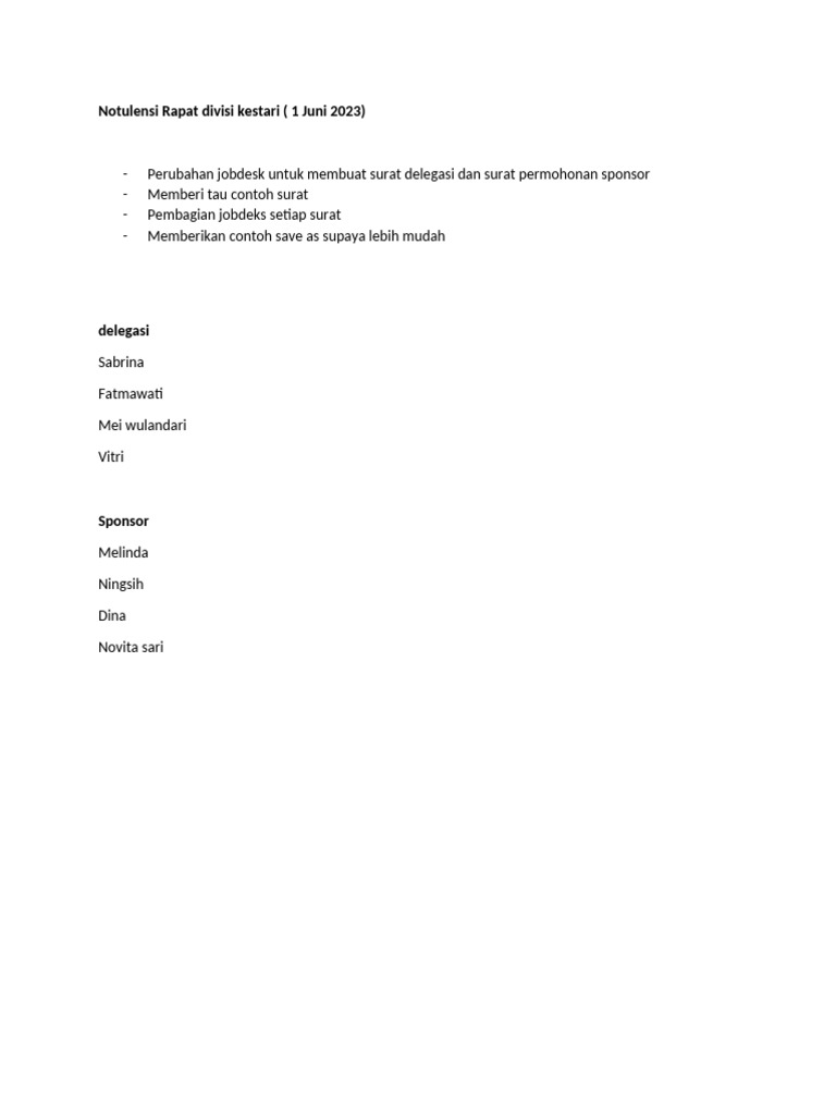 Notulensi Rapat Divisi Kestari Ke 2 | PDF