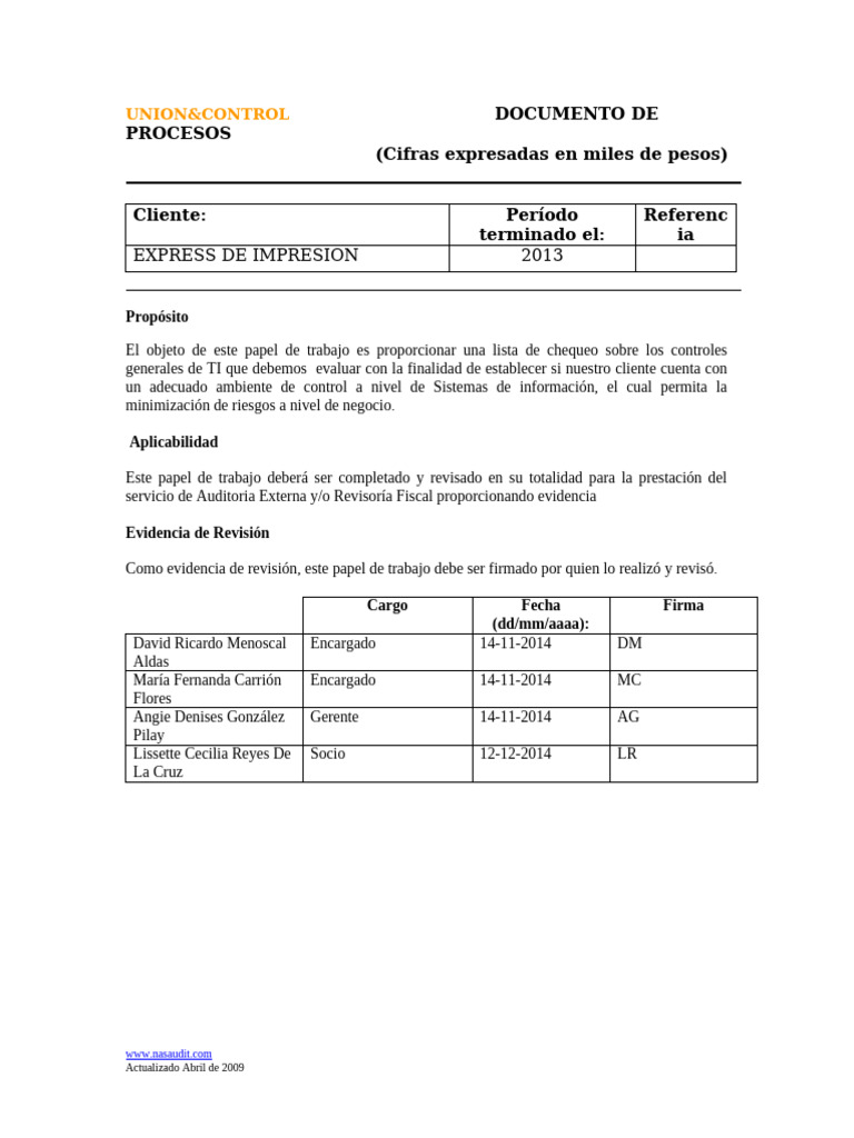 BE - Lista de Chequeo para Validar Los Controles Generales de Tecnologìa de La Informaciòn (TI ...