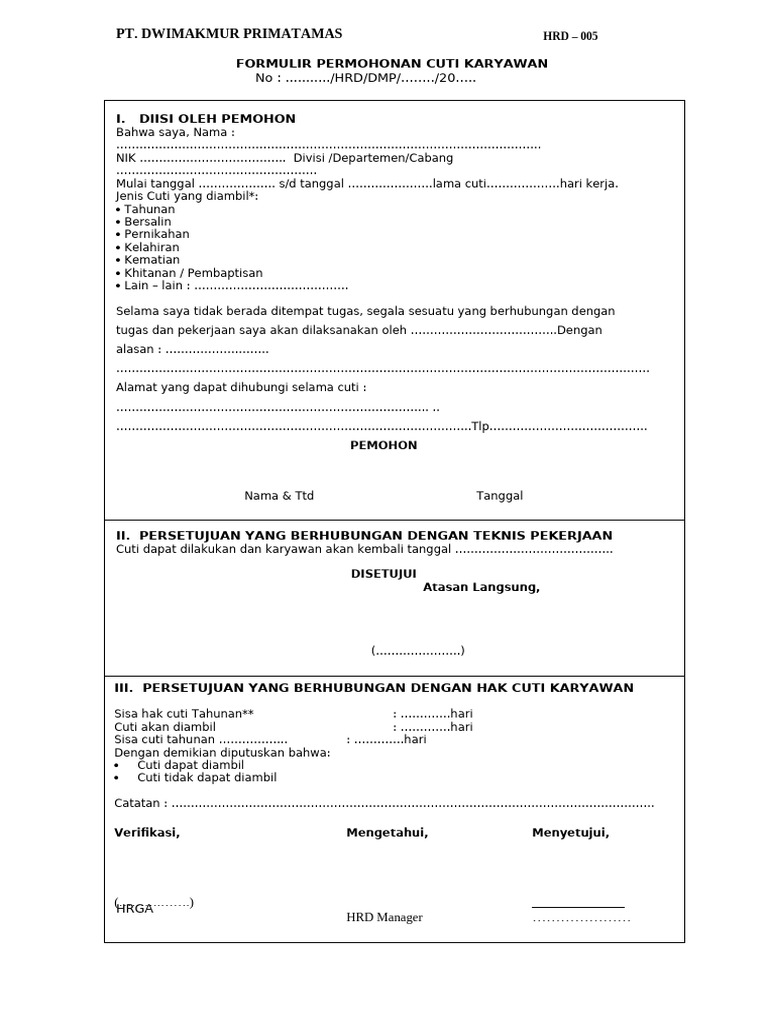 Formulir Cuti - 001 | PDF