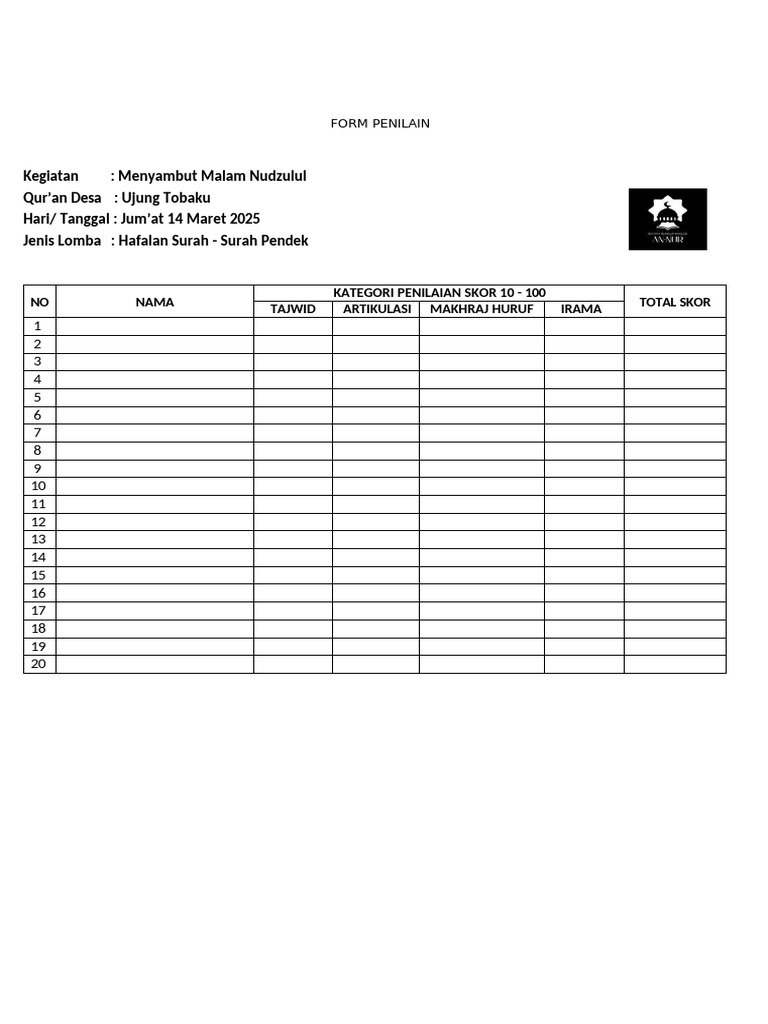 FORM PENILAIN HAFALAN SURAH PENDEK | PDF
