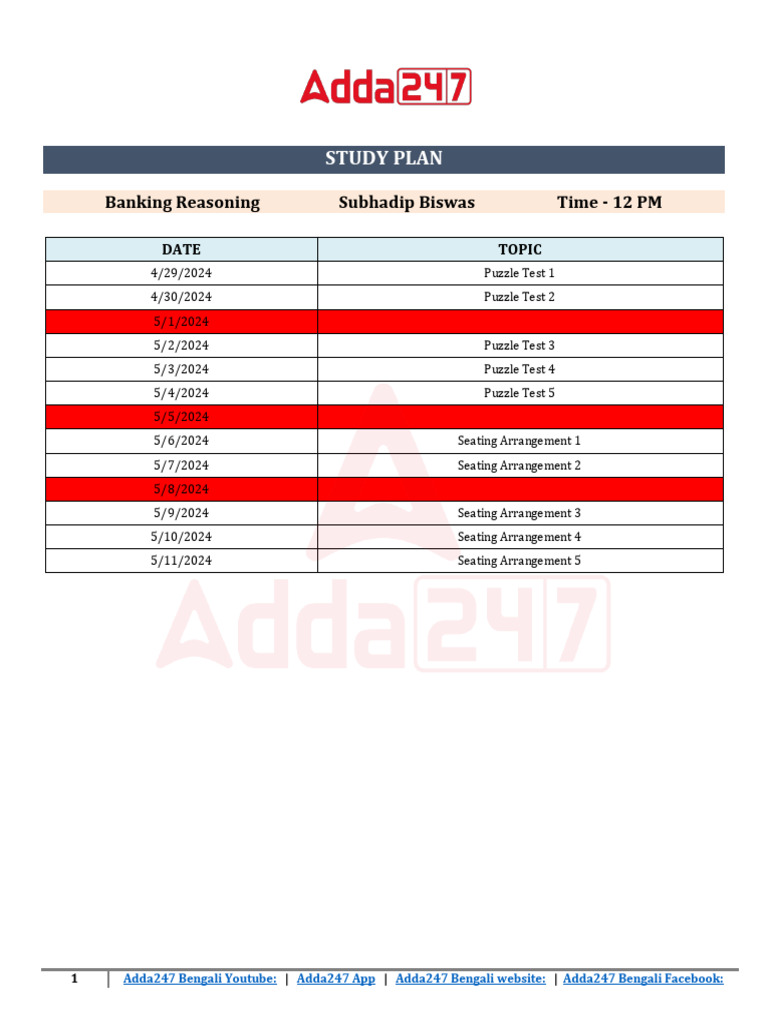 Study Plan: Banking Reasoning Subhadip Biswas Time - 12 PM | PDF