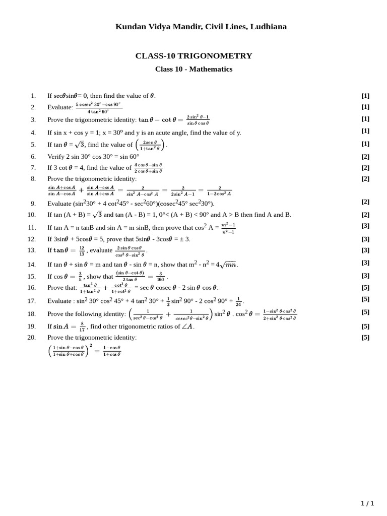 Class 10 Trigonometry Worksheet | PDF | Trigonometry | Trigonometric ...