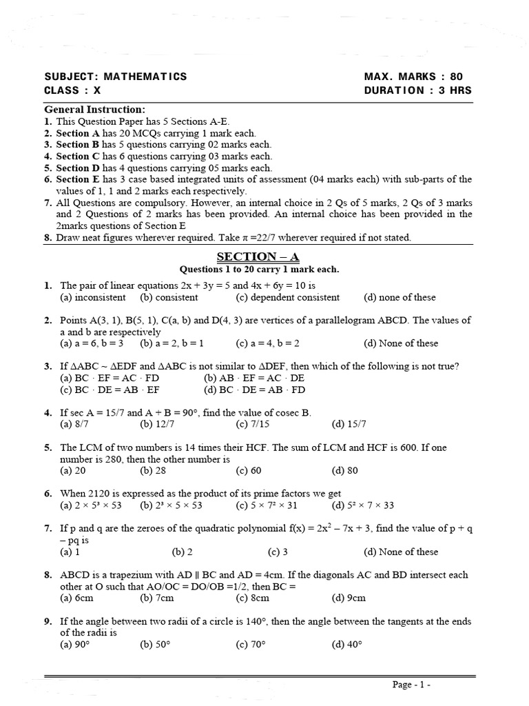 Maths Class X Sample Paper Test 08 For Board Exam 2024 | PDF | Circle ...