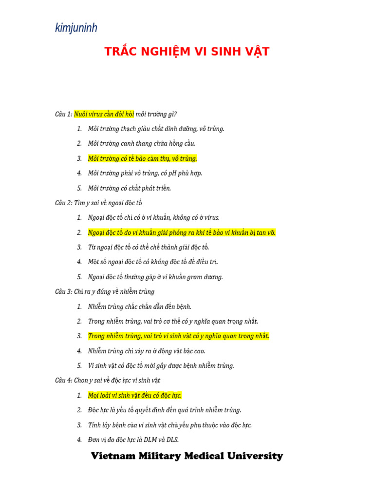 (123doc) Trac Nghiem Co Dap An Mon Vi Sinh | PDF