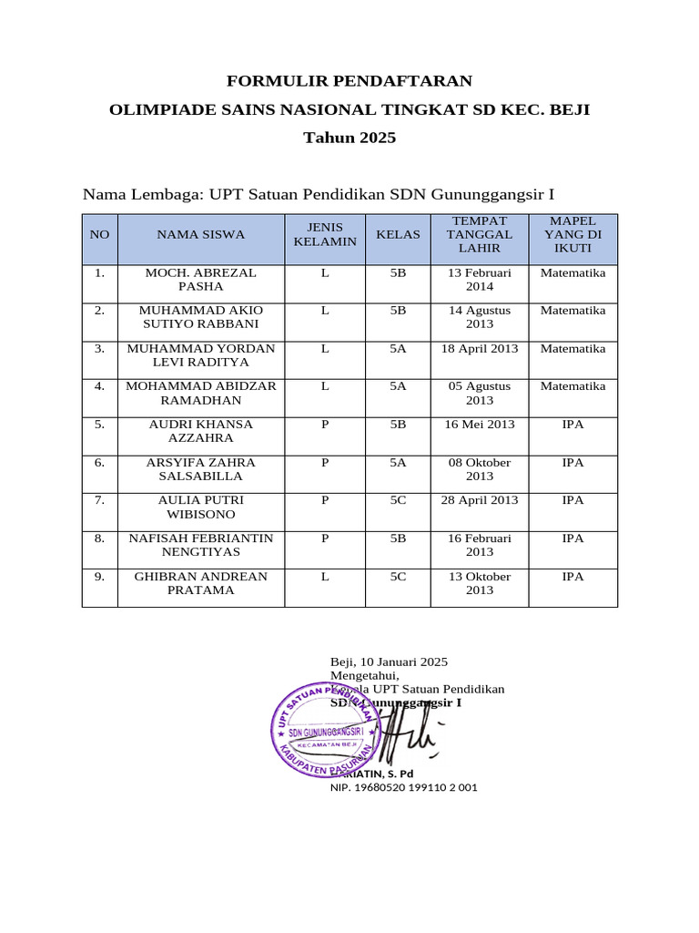 FORMULIR PENDAFTARAN - OSN - SDN GG 1 - 2025 Revisi | PDF