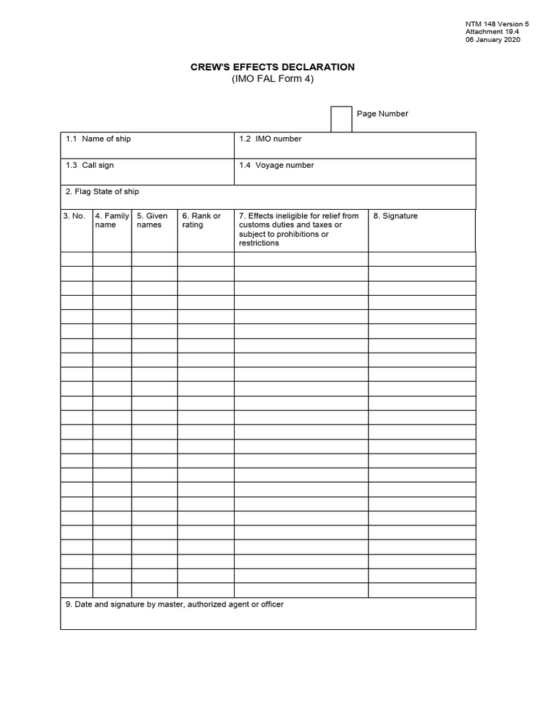 Attachment 19.4 Crew Effects Declaration FAL Form 4 | PDF
