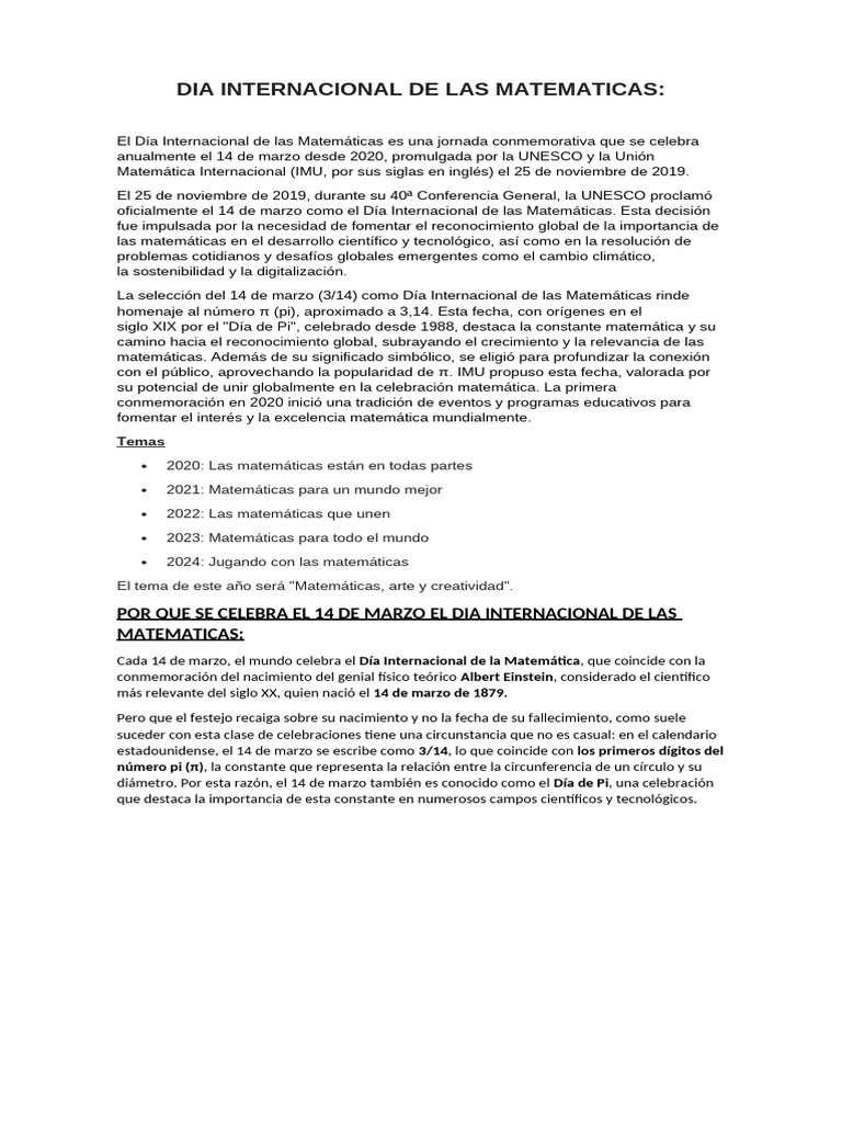 DIA INTERNACIONAL DE LAS MATEMATICAS | PDF | Pi