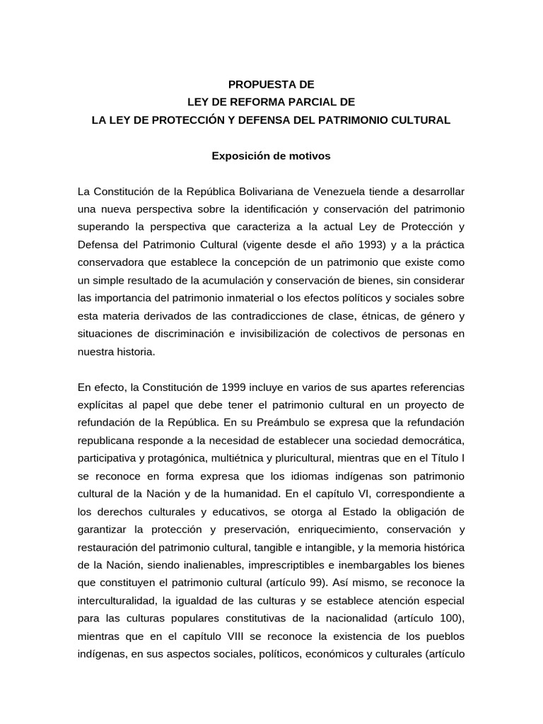 Proyecto de Ley de Reforma Parcial de La Ley de Protección y Defensa Del Patrimonio Cultural ...