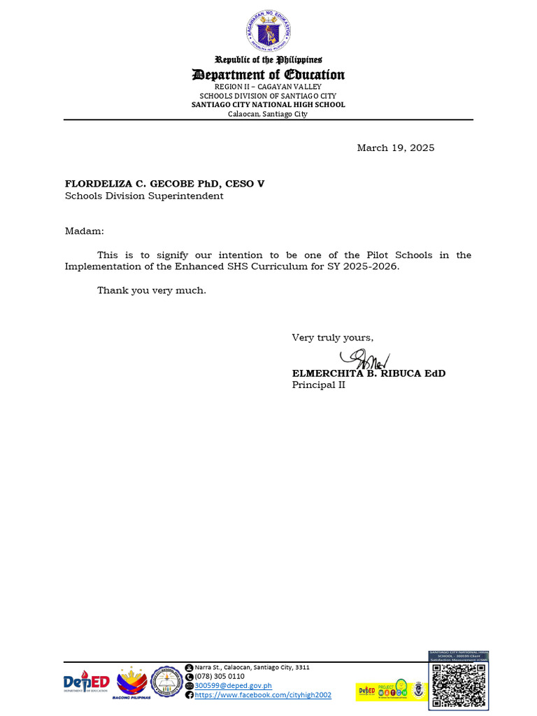 SCNHS - Letter of Intent For Enhanced SHS Curriculum | PDF