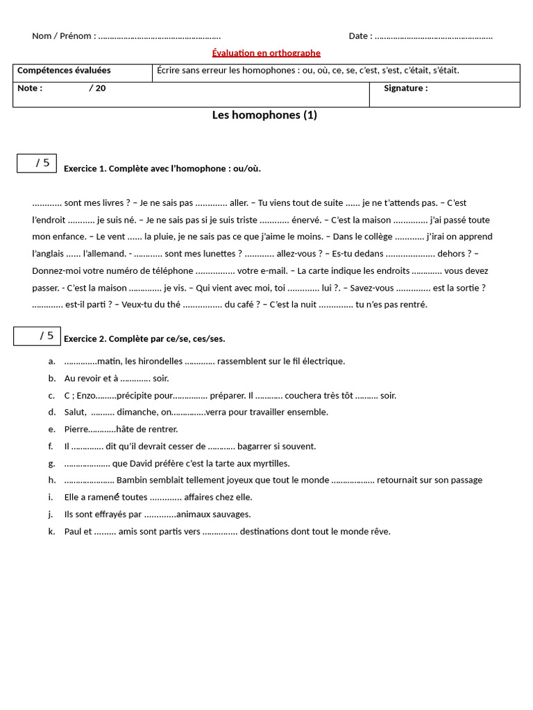 Evaluation Les Homophones | PDF