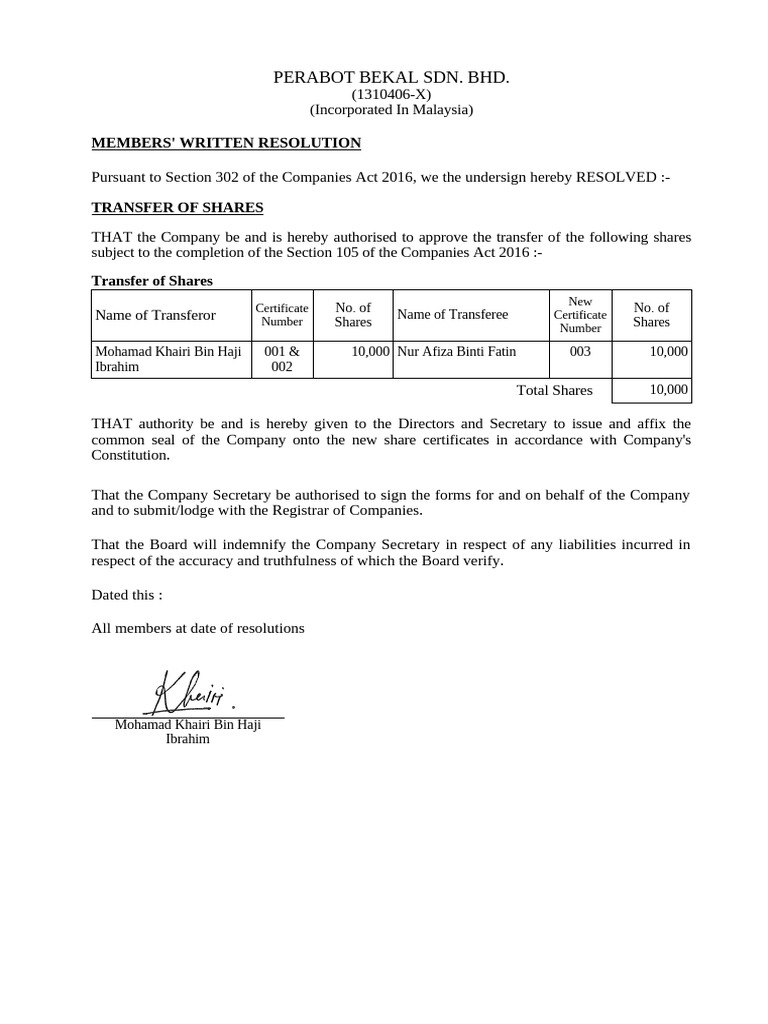 Share Transfer Resolution for Members | PDF | Legal Documents | Government