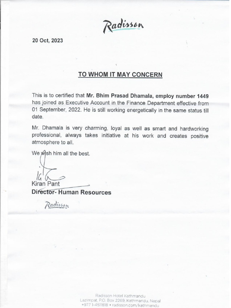 Experience Certificate - Radisson Kathmandu | PDF