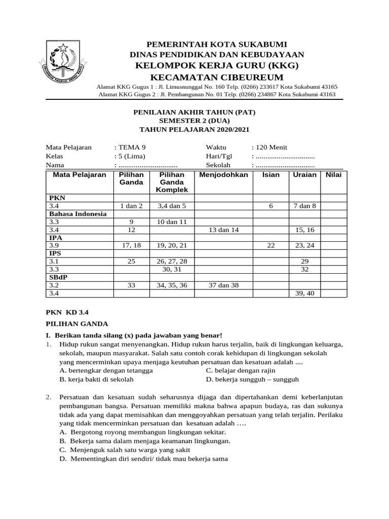 SOAL PAT TEMA 9 Kelas 5 Revisi (1) | PDF
