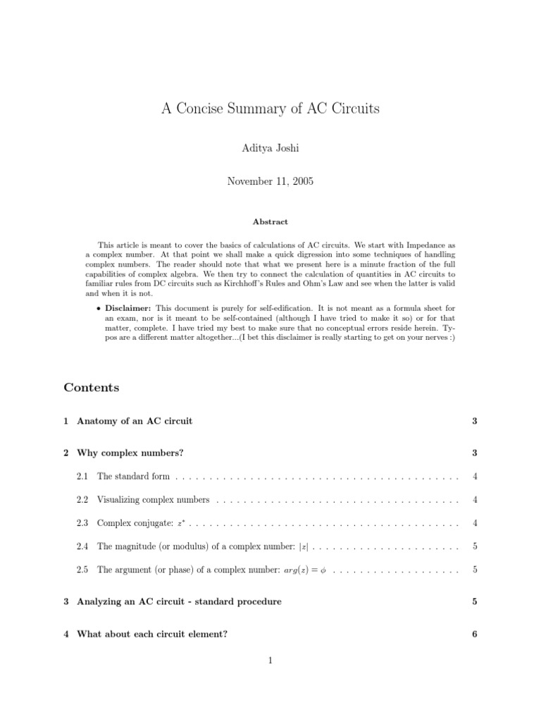 A Concise Summary of AC Circuits: Aditya Joshi | PDF | Electrical ...