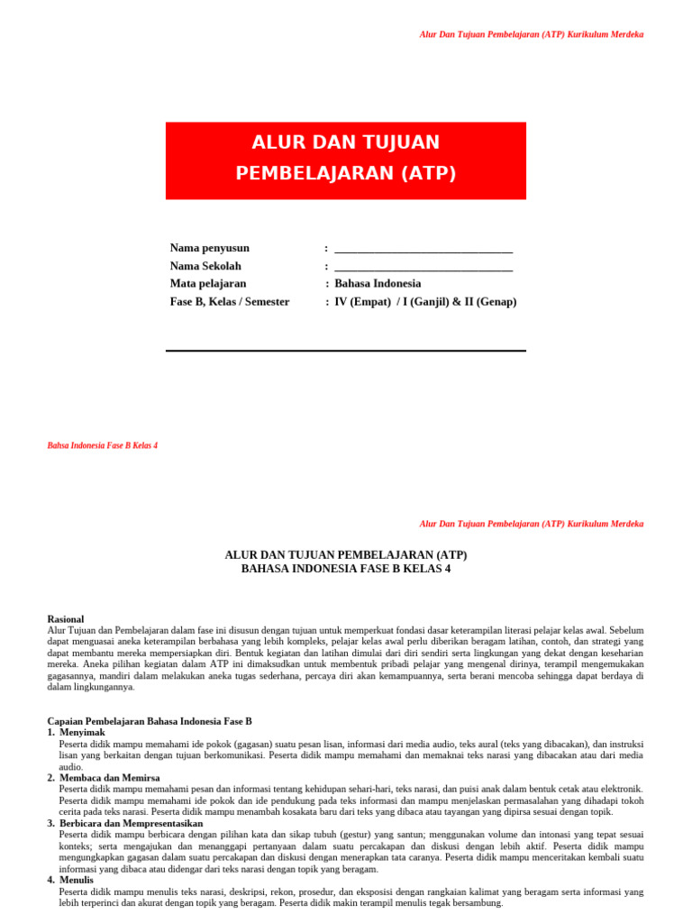 Alur Tujuan Pembelajaran (ATP) (B. INDONESIA) | PDF