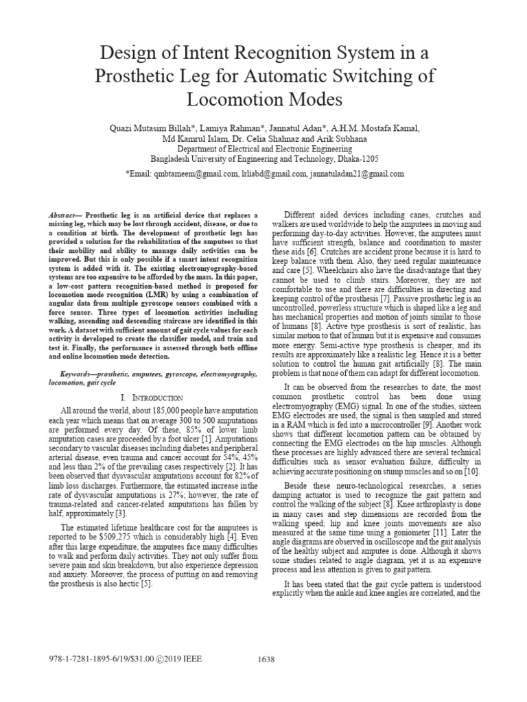 Design of Intent Recognition System in a Prosthetic Leg for Automatic Switching of Locomotion ...