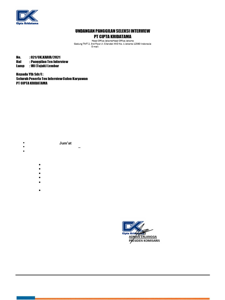 Lampiran Undangan Interview PT CIPTA KRIDATAMA | PDF