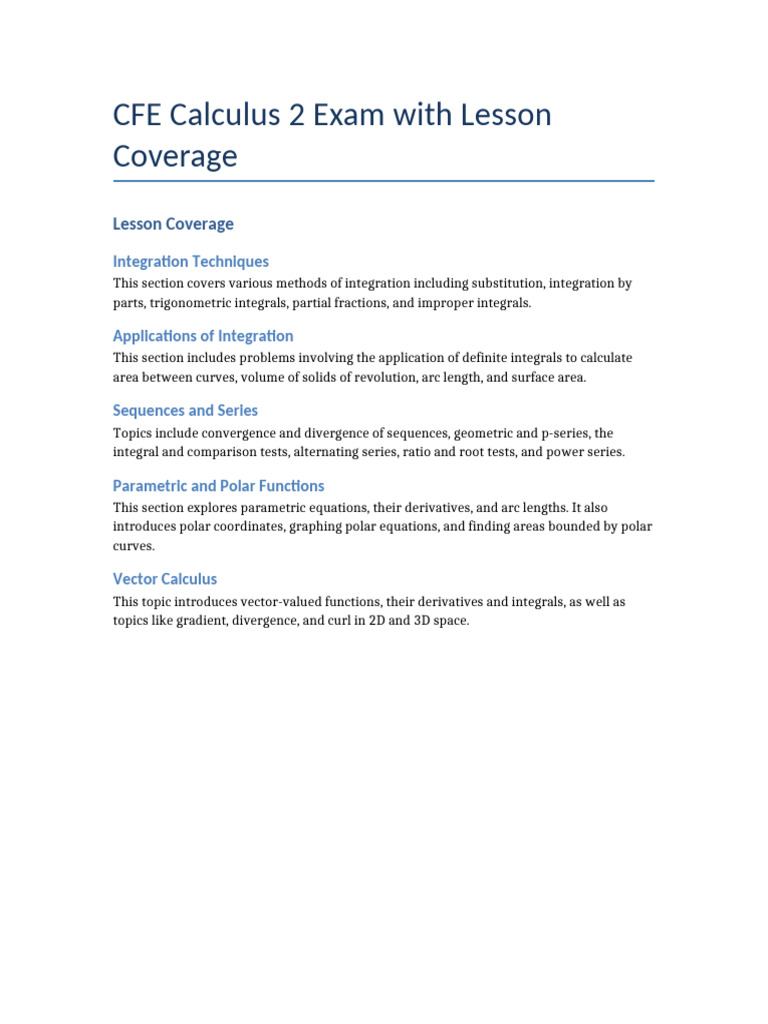 CFE Calculus 2 Exam With Coverage | PDF | Integral | Divergence