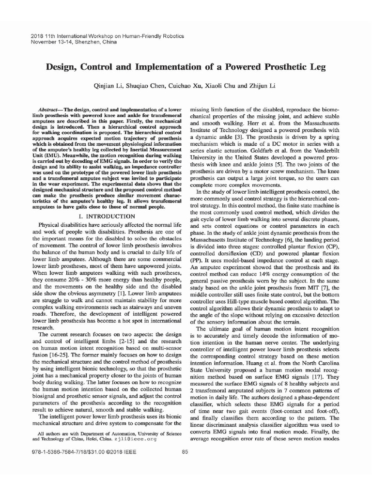 Design Control And Implementation Of A Powered Prosthetic Leg Pdf Prosthesis Electromyography