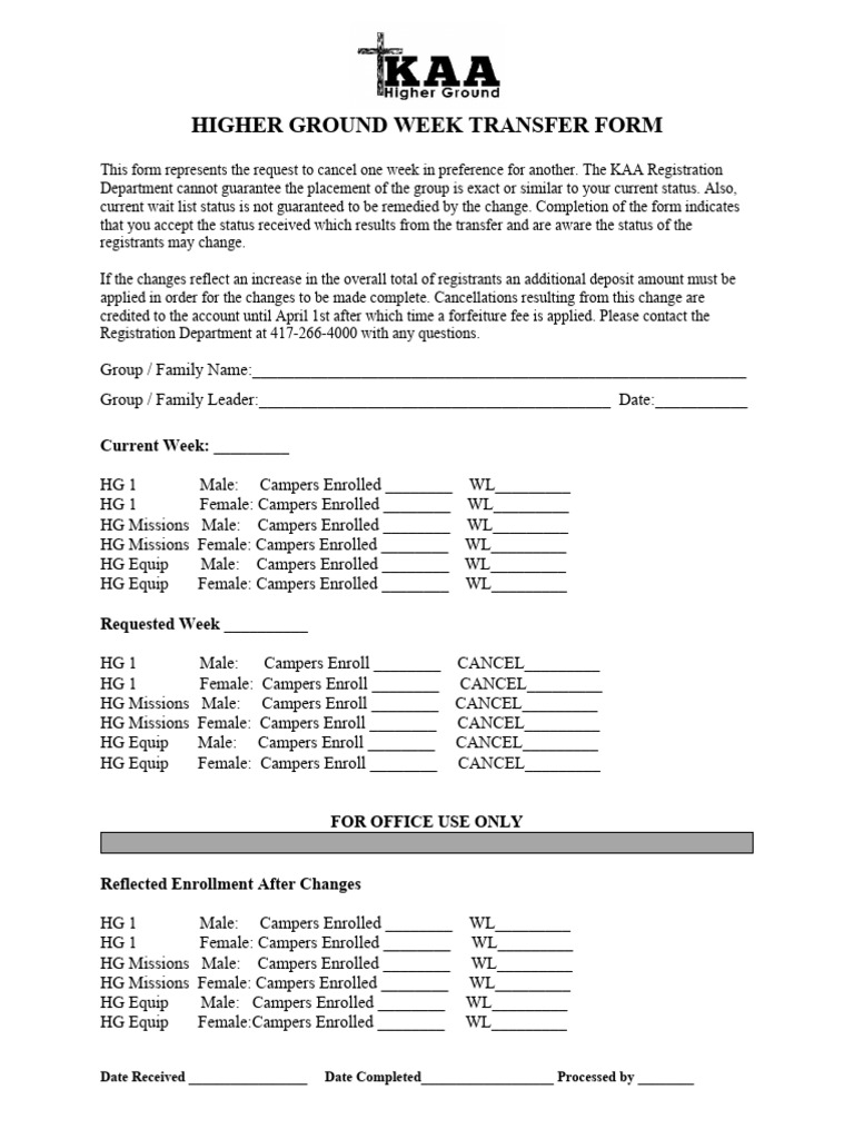 Higher Ground Week Transfer Request Form | PDF