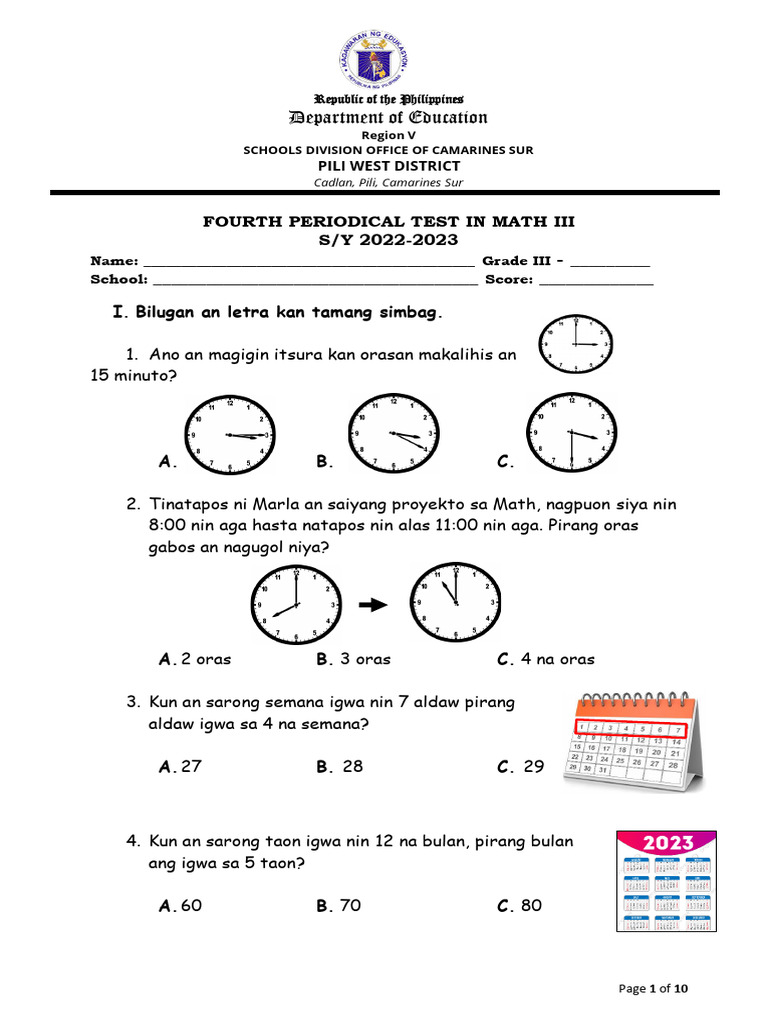 MATH 3 4th PT and Key | PDF
