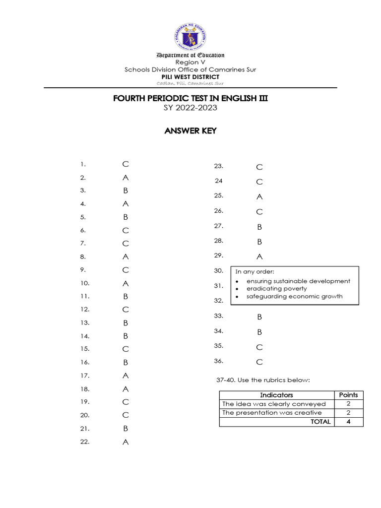 ENGLISH 3 Q4 Answer Key | PDF