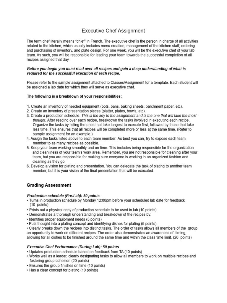 Executive Chef Assignment | PDF | Chef | Cooking