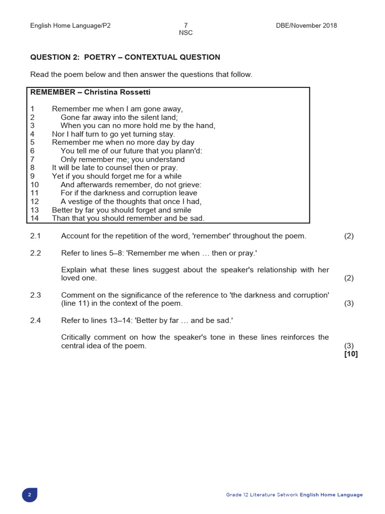 Gr12 Exams Setwork Poetry X1a 2 5 | PDF | Poetry