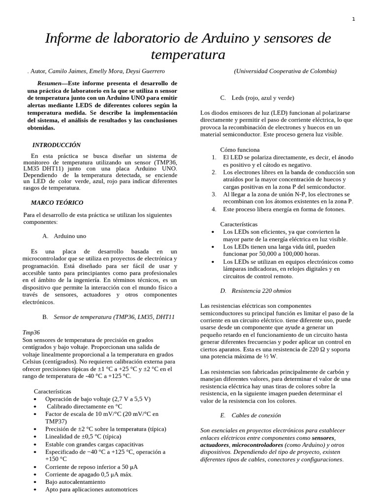 Informe de laboratorio de Arduino y sensores de temperatura | PDF | Diodo emisor de luz ...