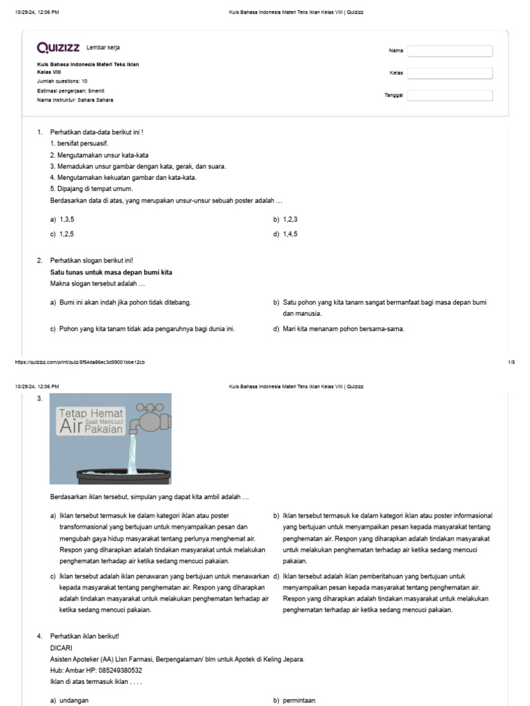Kuis Bahasa Indonesia Materi Teks Iklan Kelas VIII - Quizizz | PDF