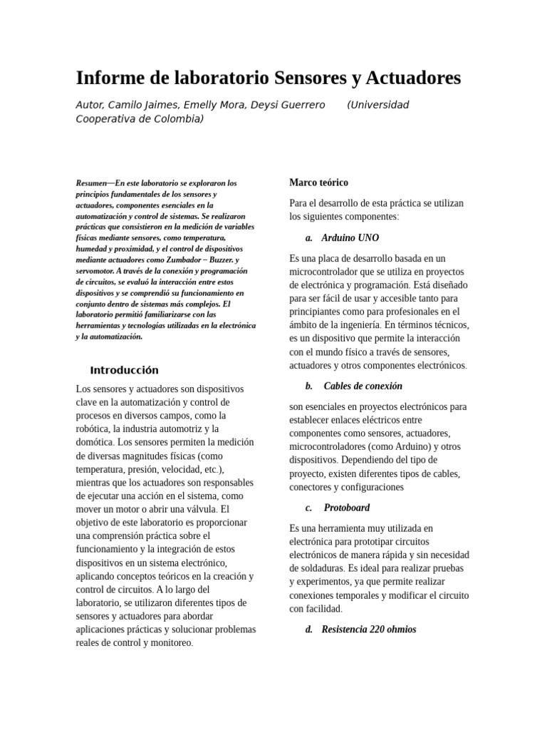Informe de Laboratorio Sensores y Actuadores | PDF | Electrónica | Sensor