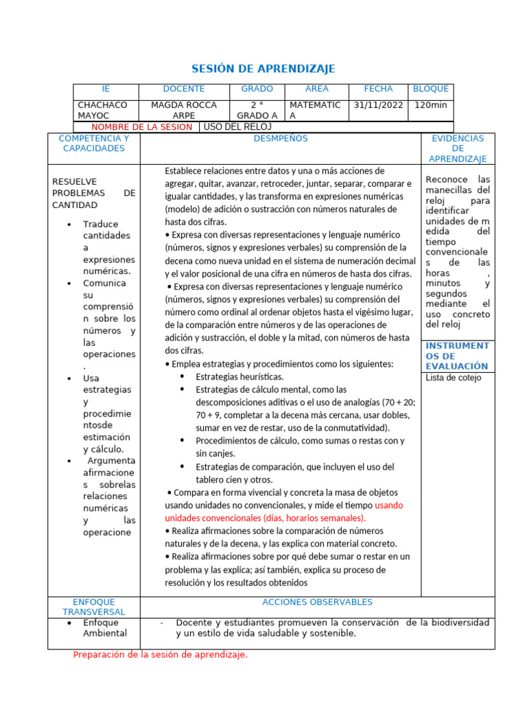 Sesión de Aprendizaje | PDF | Reloj | Aprendizaje