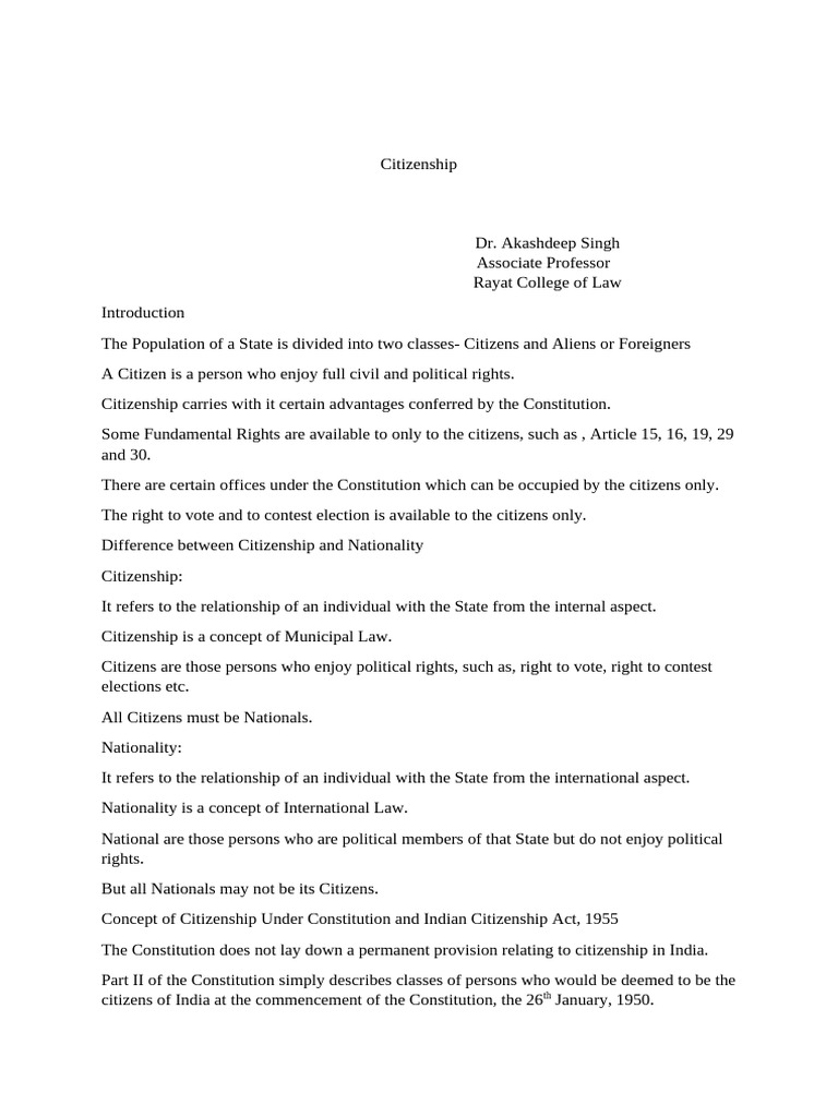 Constituion Notes - Citizenship | PDF | Naturalization | Citizenship