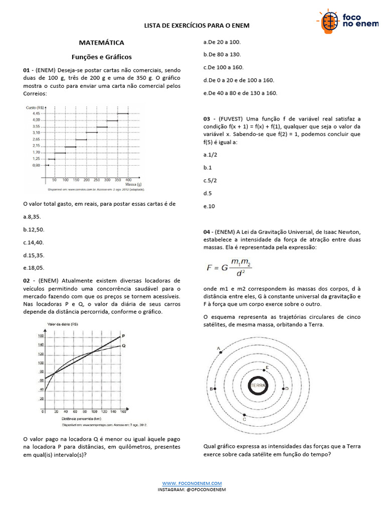 Funcoes e Graficos Lista de Exercicios Matematica ENEM | PDF ...